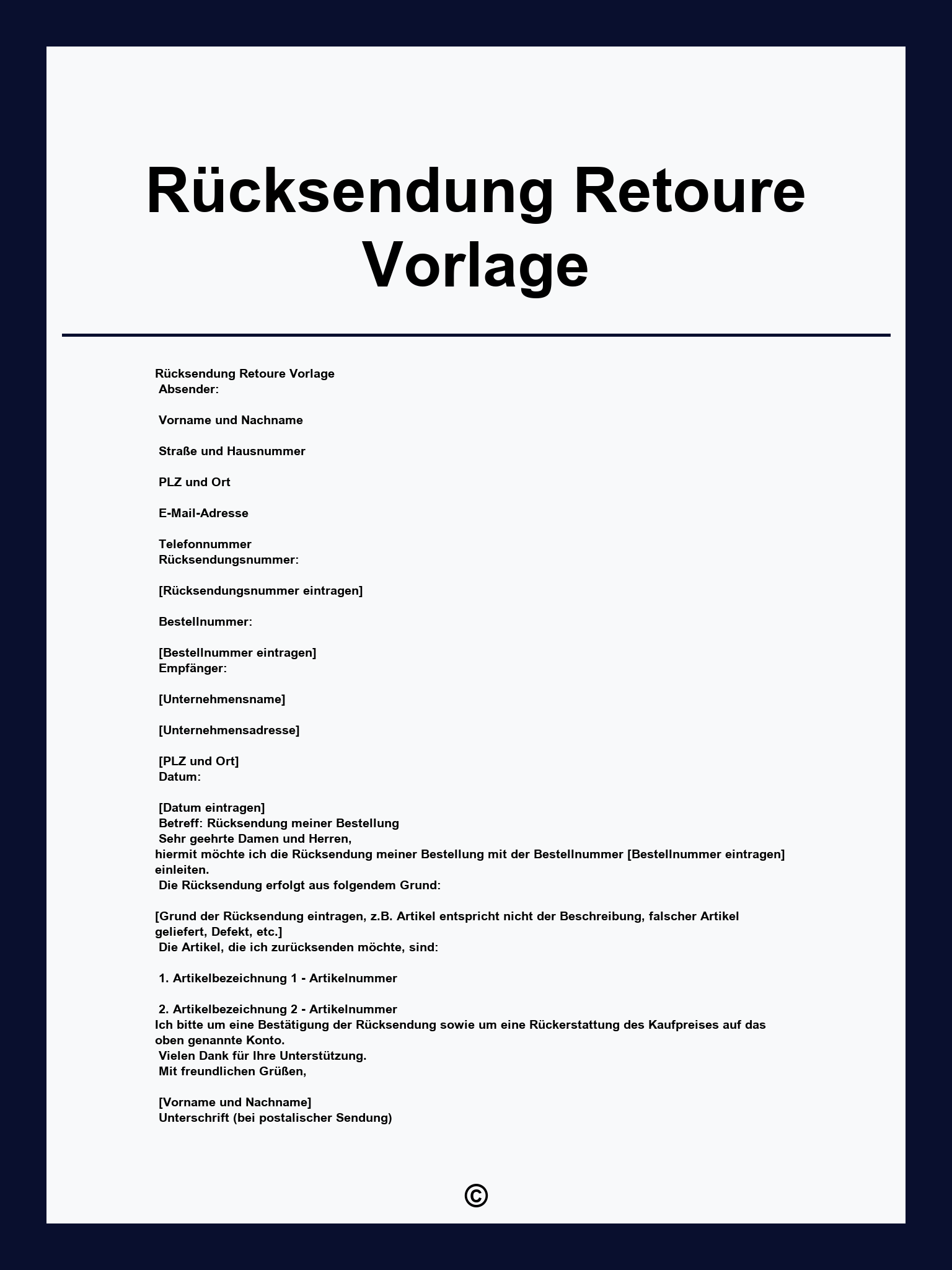 Rücksendung Retoure Vorlage